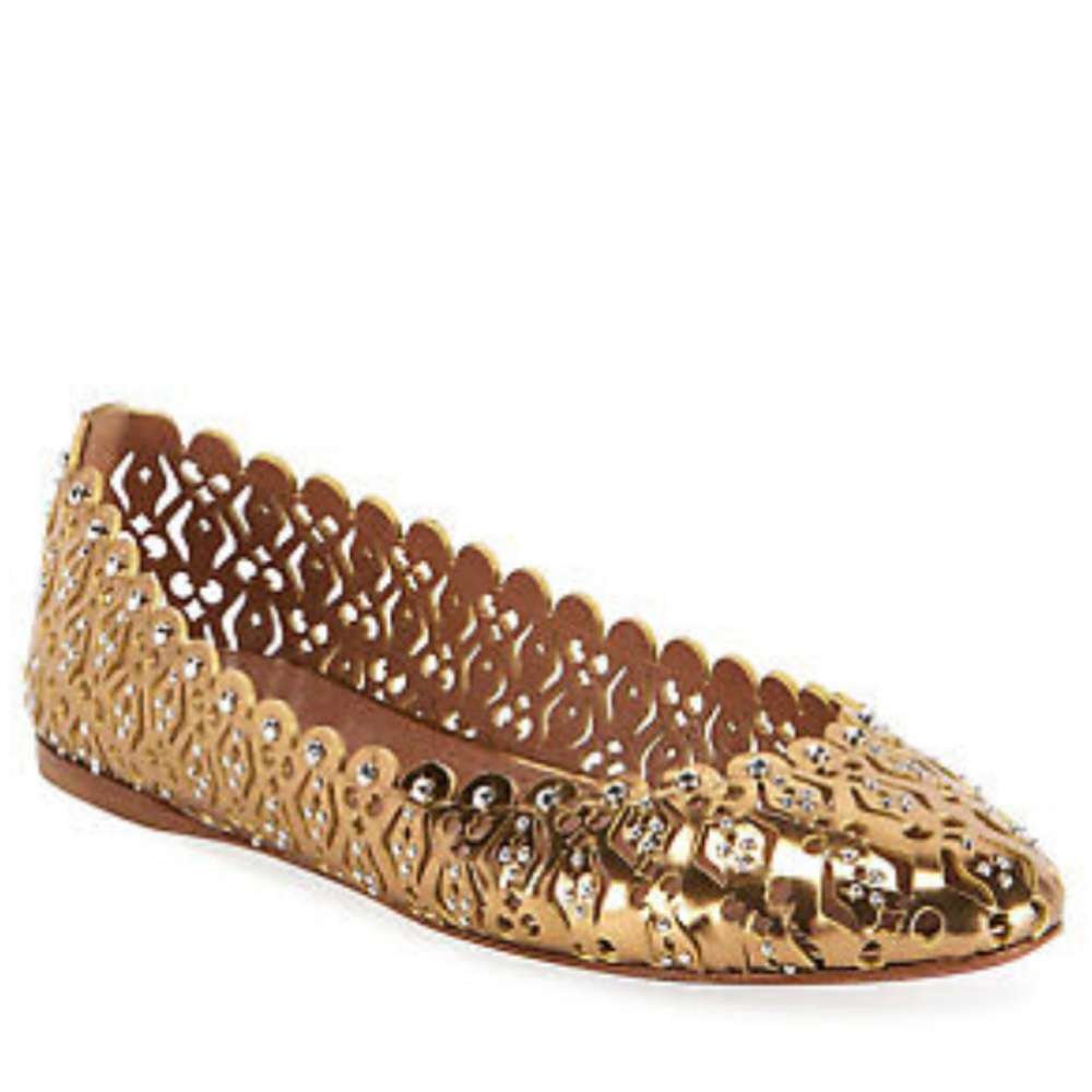 Alaia Laser-Cut Gold Studded Ballet Flats - Gem